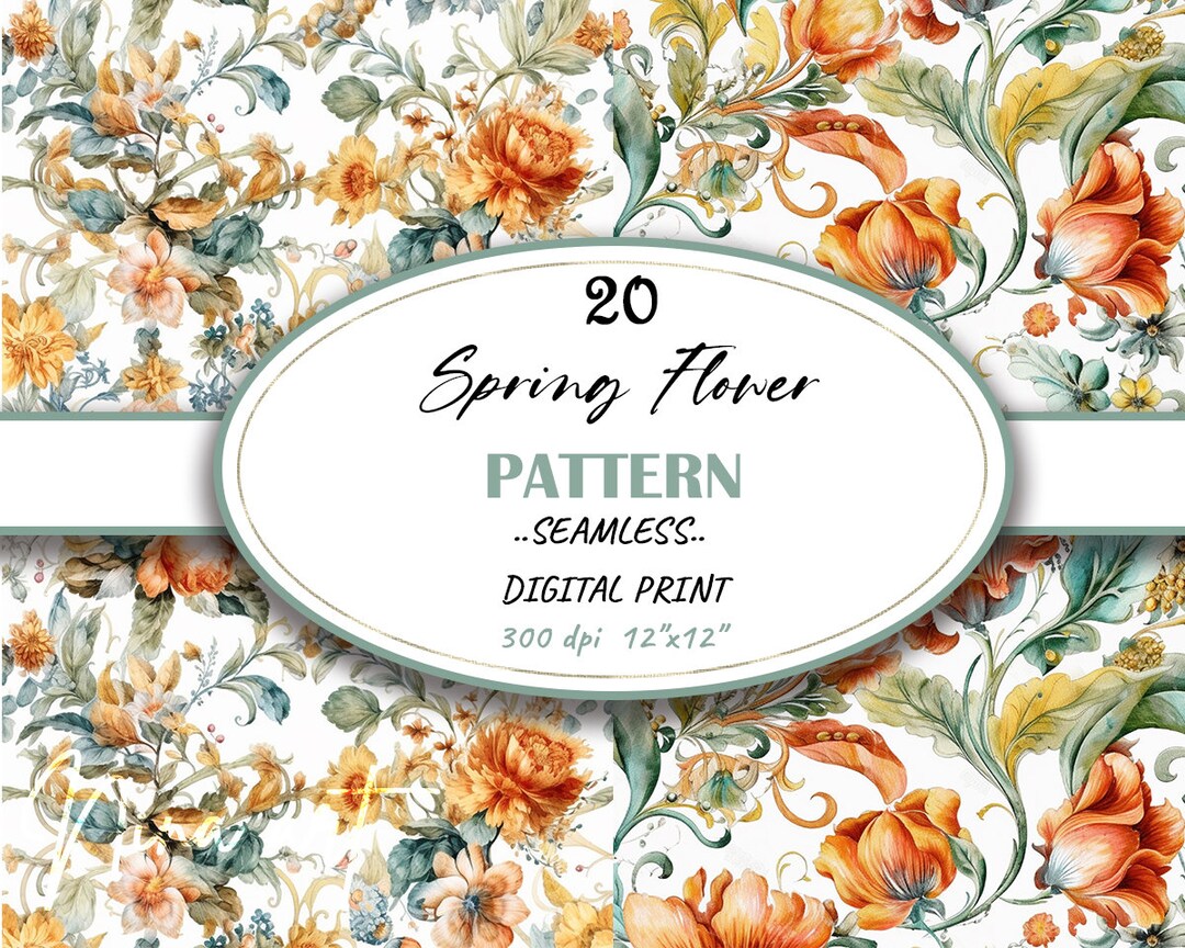 20 Spring Flowers Vintage Seamless Digital Paper, Colorful Unique 17th ...