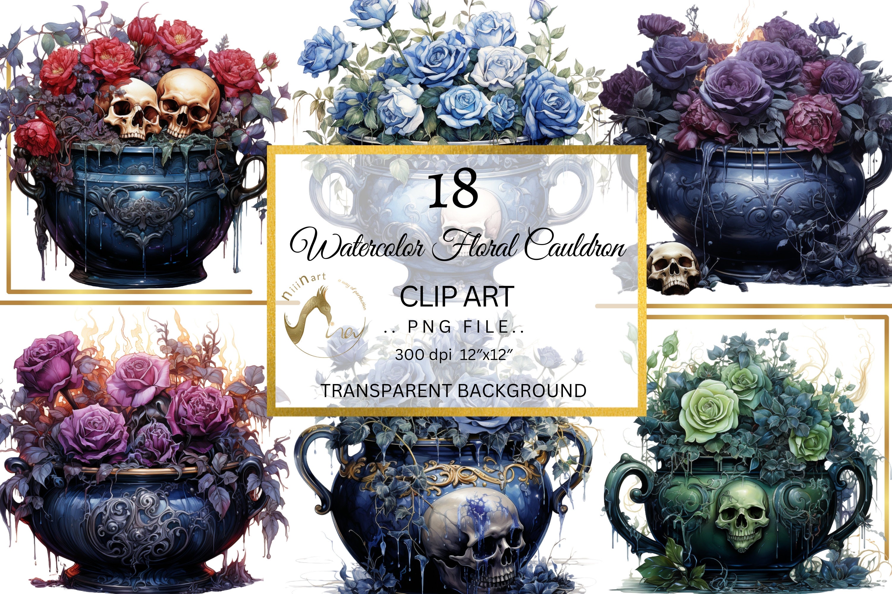 Watercolor Cauldron Clipart, Floral Witch PNG Graphics (digital ...