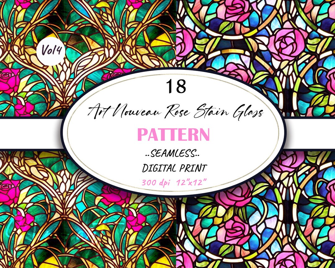 Art Nouveau Seamless Rose Stained Glass Paper Design, Rose Flower ...