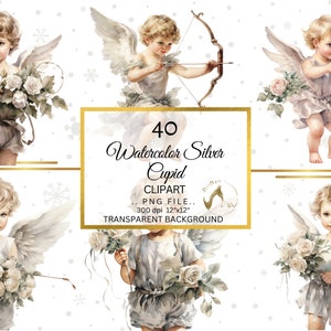 Watercolor Silver Cupid Clipart, 40 PNG Valentine Art (digital Download ...