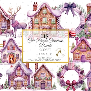 Watercolor Purple Christmas Clipart PNG Bundle, Purple Winter Christmas ...