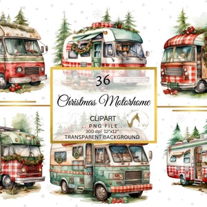 Christmas Motorhome RV Retro Clipart Bundle, Vintage Camper, Watercolor ...