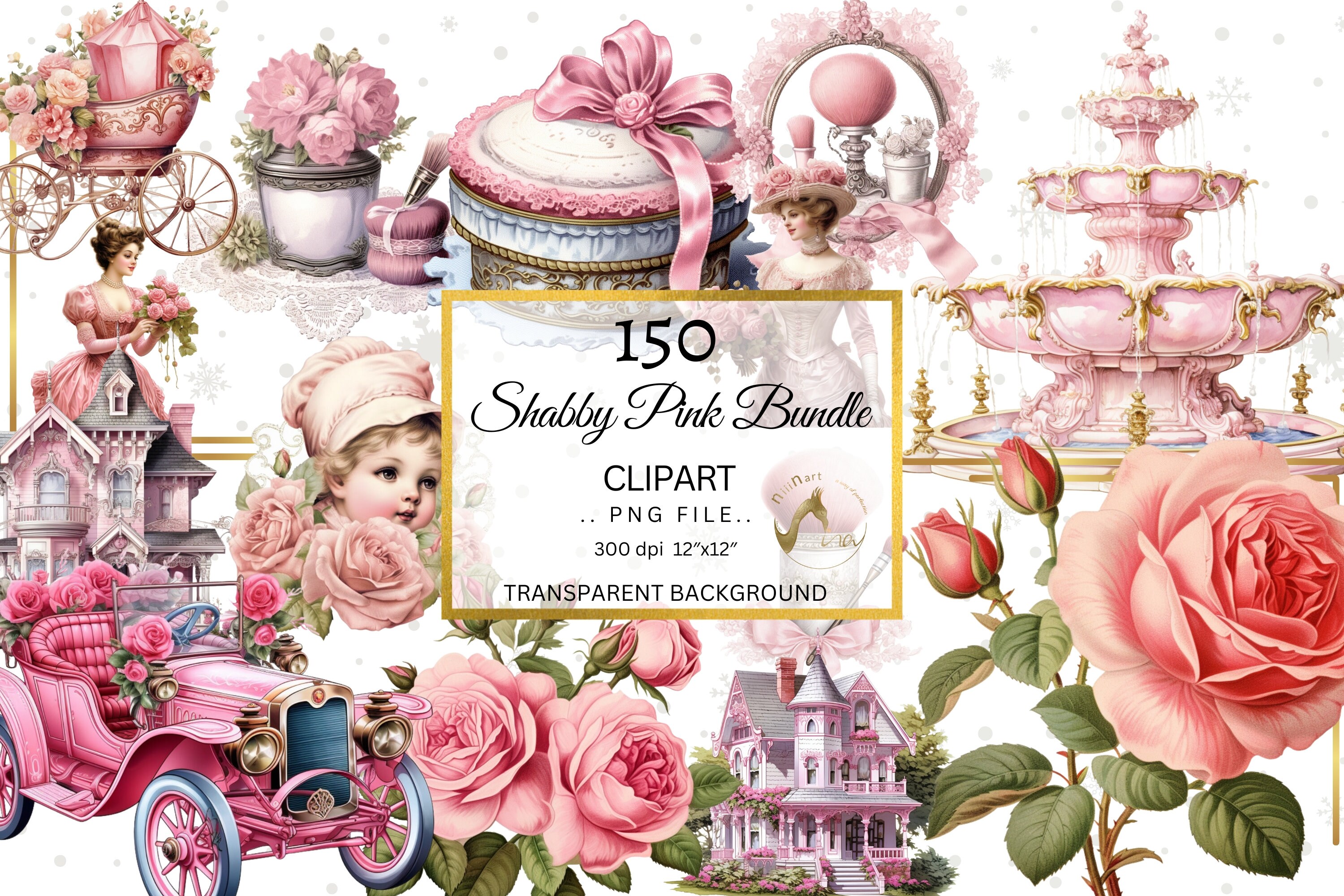 Watercolor Victorian Pink Clipart Bundle, Scrapbooking (PNG, 12x12 ...