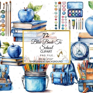 Watercolor School Clipart, Blue Back to School PNG (digital Download ...