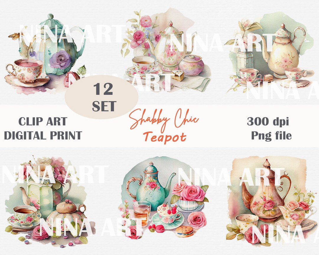 Shabby Chic Teapot Digital Clipart, Shabby Chic Papers, Tea Party ...