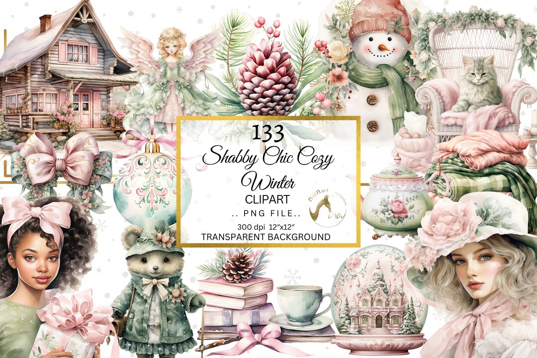 Watercolor Cozy Winter Clipart PNG Bundle, Shabby Chic Winter Christmas ...