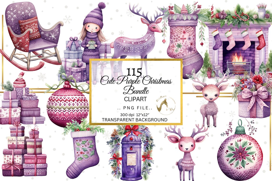 Watercolor Purple Christmas Clipart Bundle (PNG) - Etsy