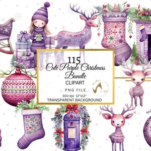 Watercolor Purple Christmas Clipart PNG Bundle, Purple Winter Christmas ...