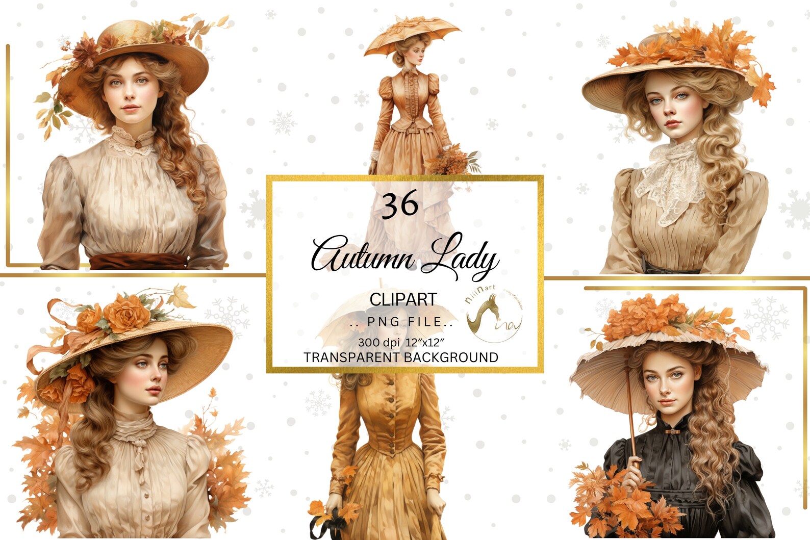Victorian Autumn Lady Clipart Bundle, Floral Watercolor PNG (digital ...
