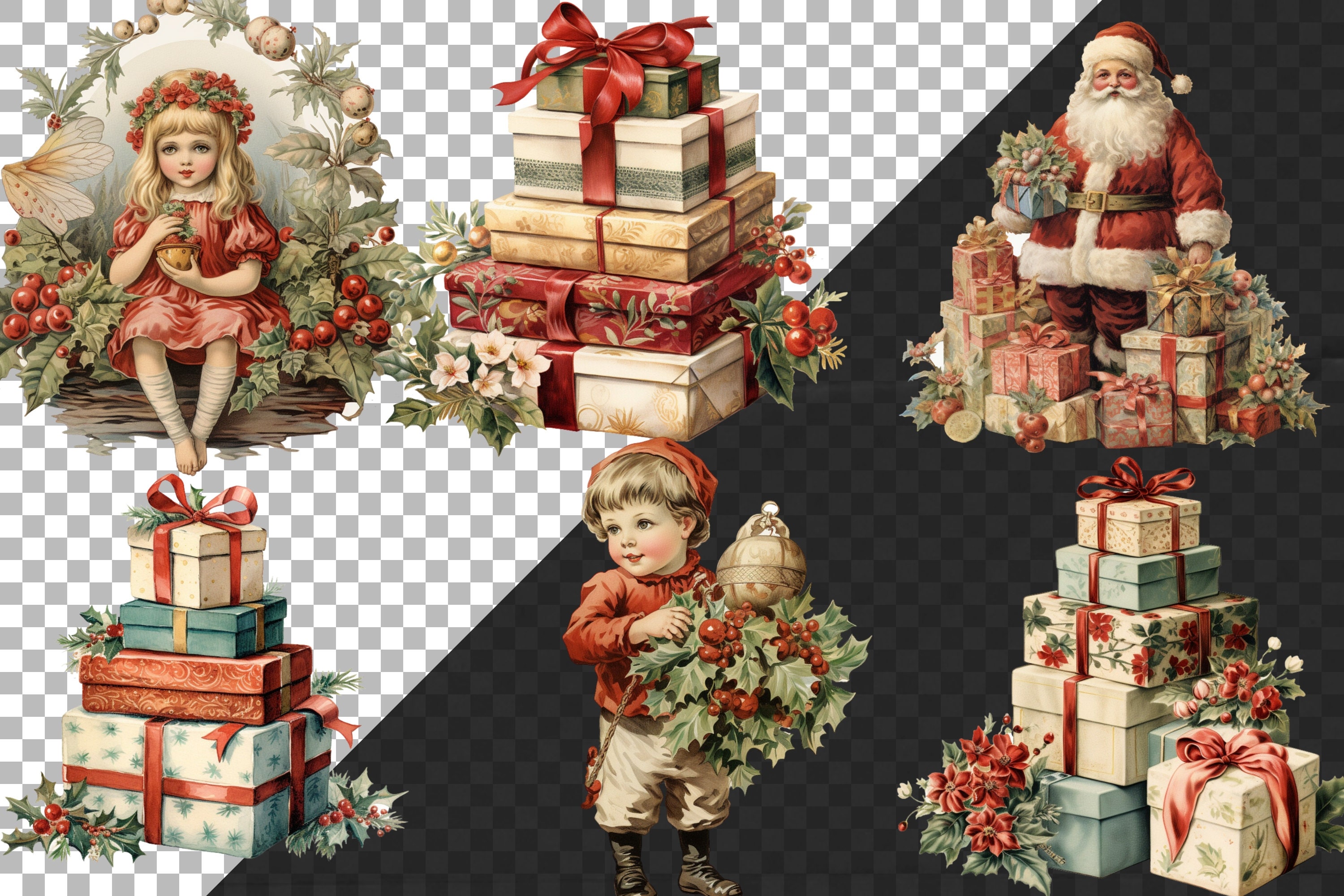 Watercolor Vintage Christmas Clipart PNG Bundle Winter - Etsy