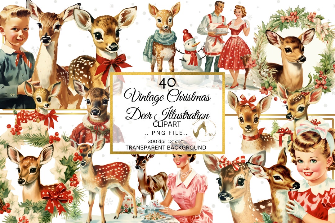 Reindeer Clipart, Christmas Clipart, Retro Vintage Christmas, Deer ...