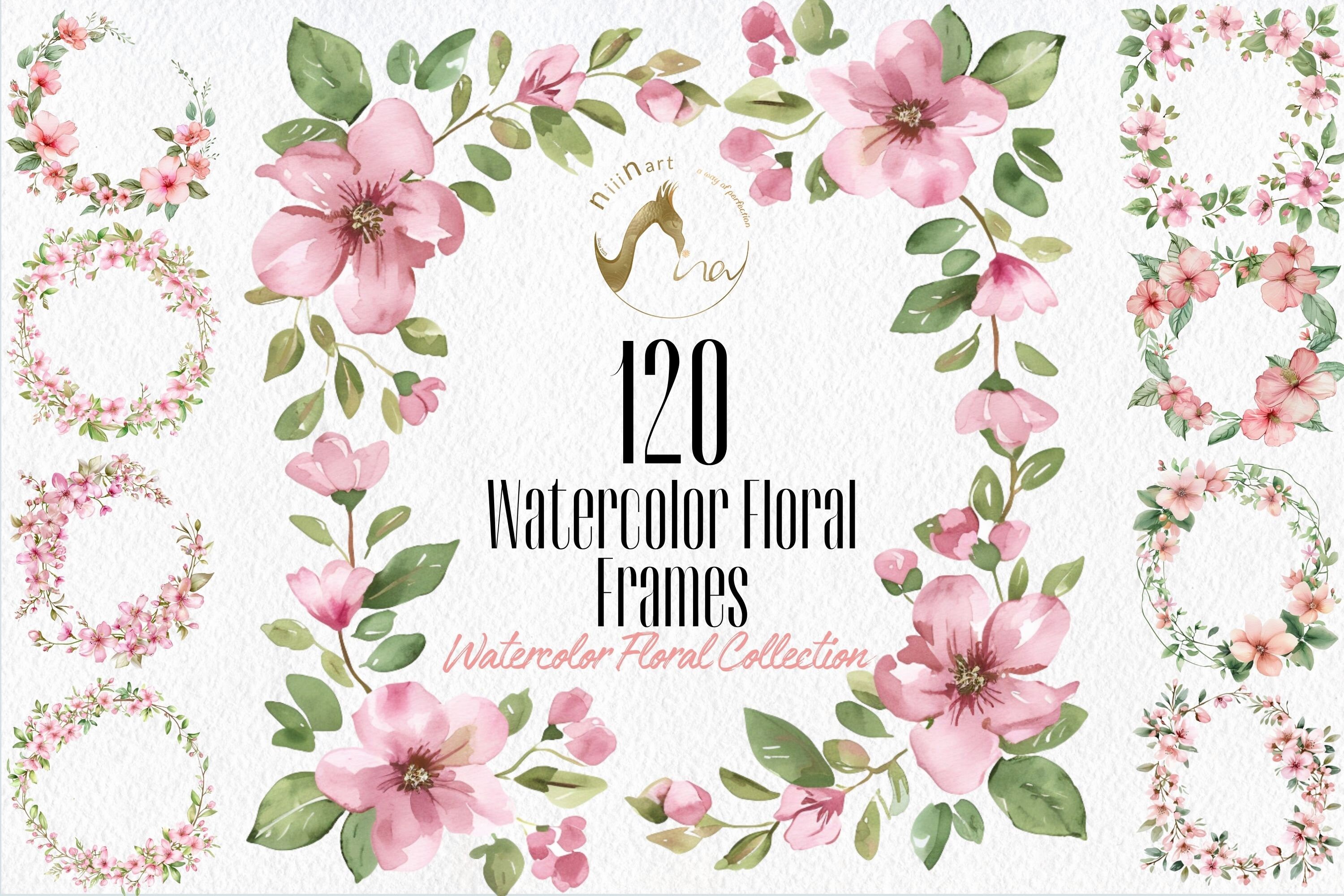 Watercolor Pink Floral Frames Clipart, 120 PNG (digital Download) - Etsy