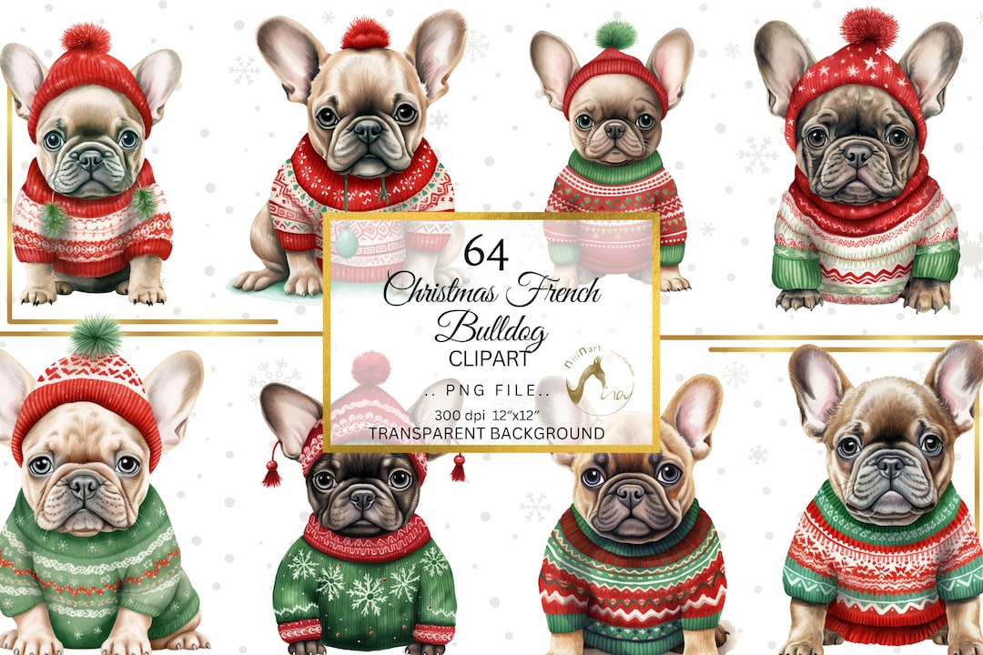 Watercolor Christmas French Bulldog Clipart Bundle, Frenchies Wearing ...