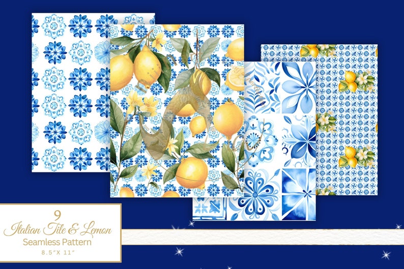 Watercolor Italian Tile and Lemon Clipart, Seamless Paper (digital ...