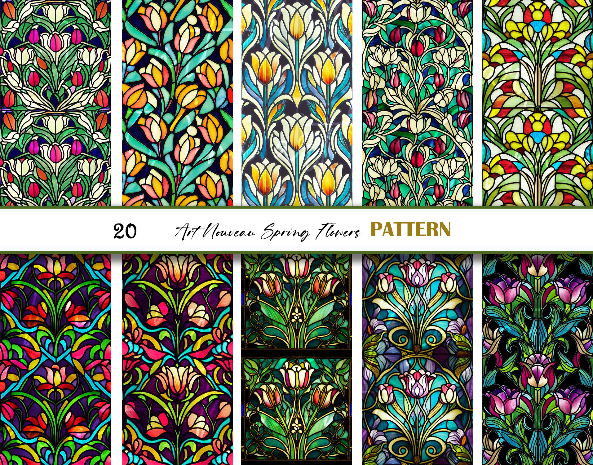 Art Nouveau Tulips Stained Glass Digital Paper Set Spring - Etsy