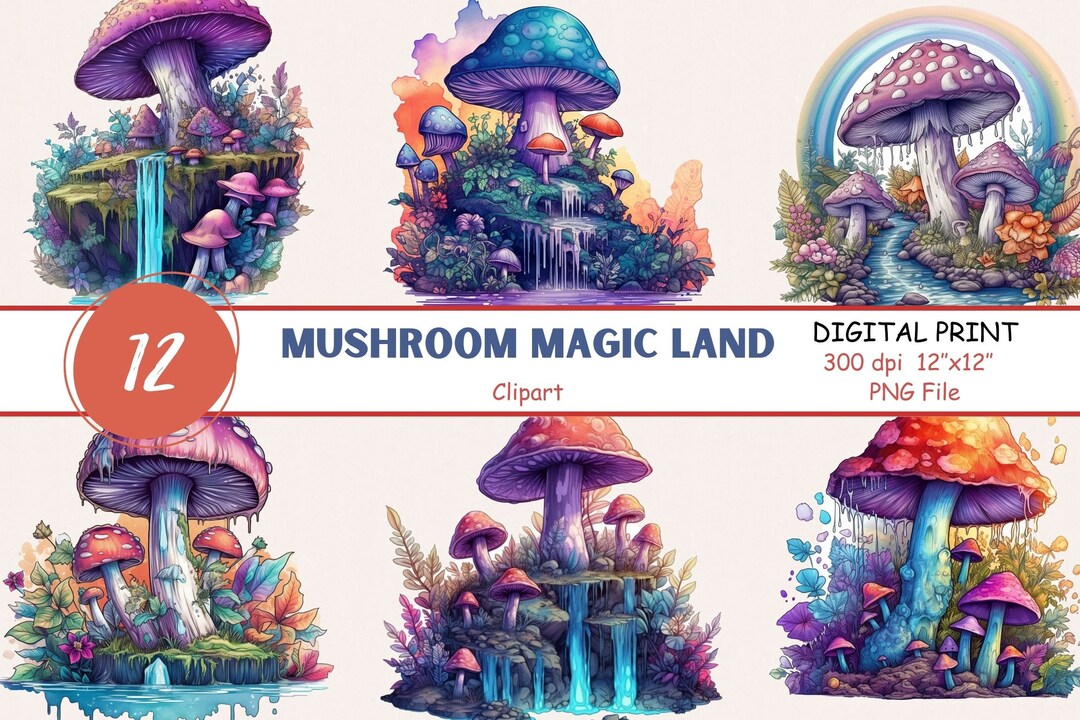 Rainbow Mushroom Clipart, Enchanted Forest PNG, Digital Prints ...