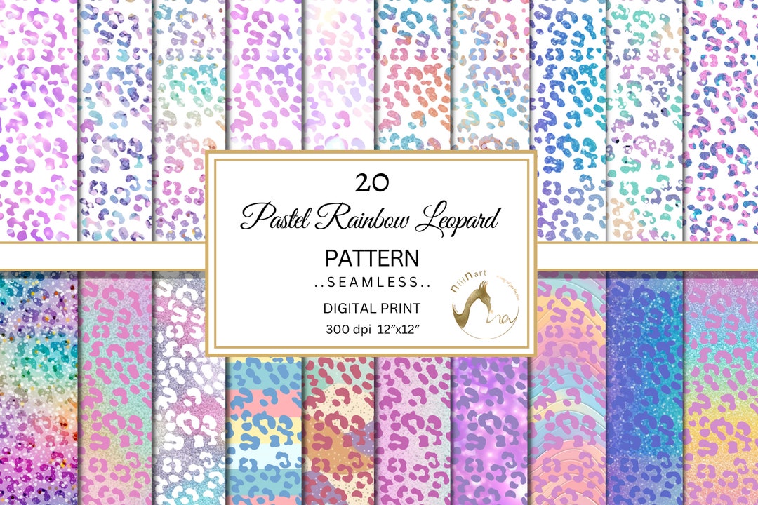 Pastel Leopard Digital Paper, Rainbow and White Glitter Cheetah ...