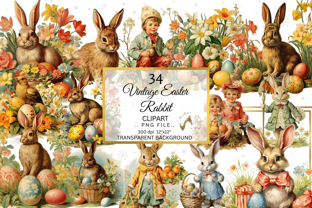 Easter Bunny With Flowers Vintage Clipart Bundle Cute Rabbit ...