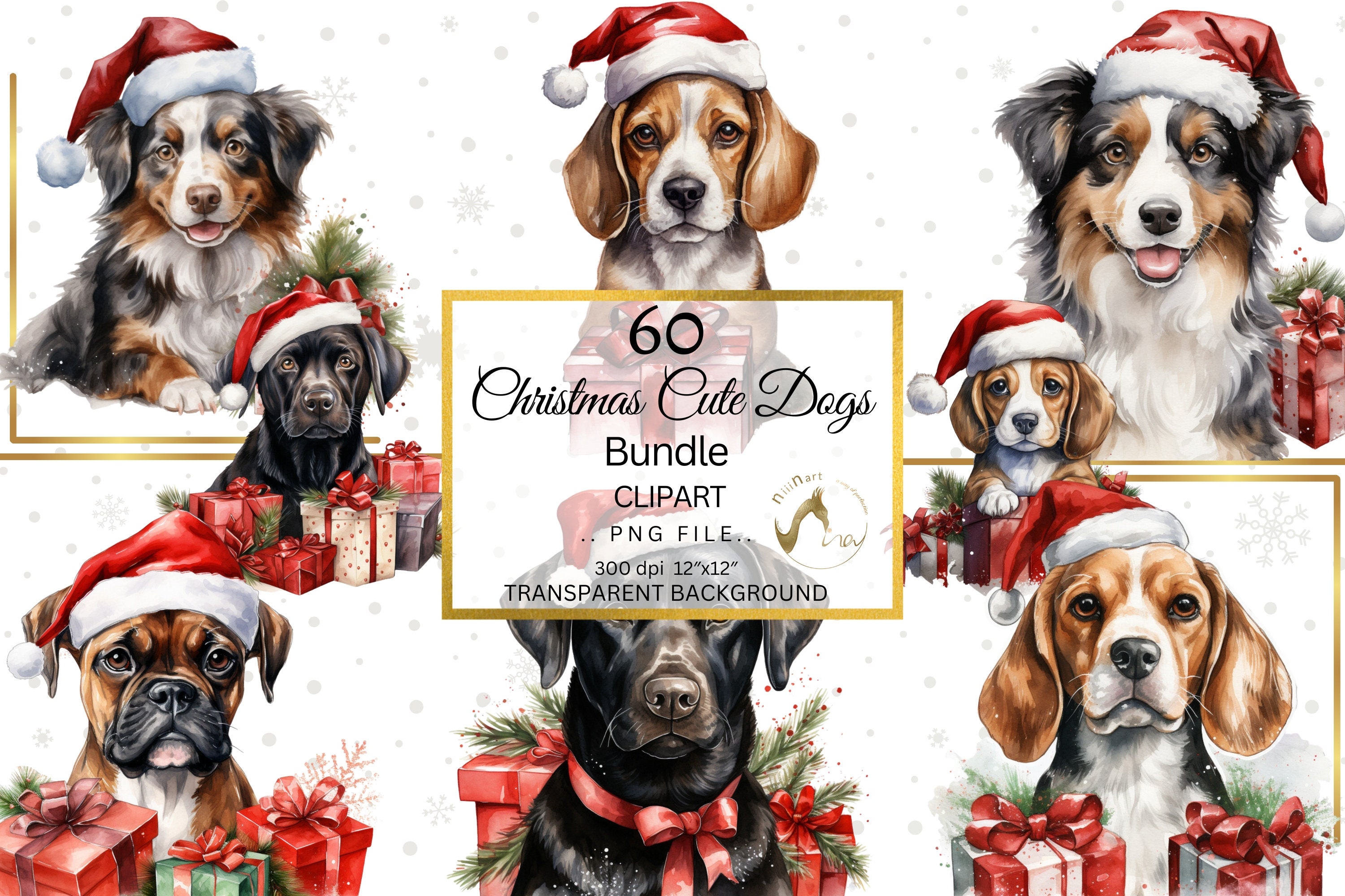 Watercolor Christmas Dogs Clipart Bundle, Card Making (PNG) - Etsy