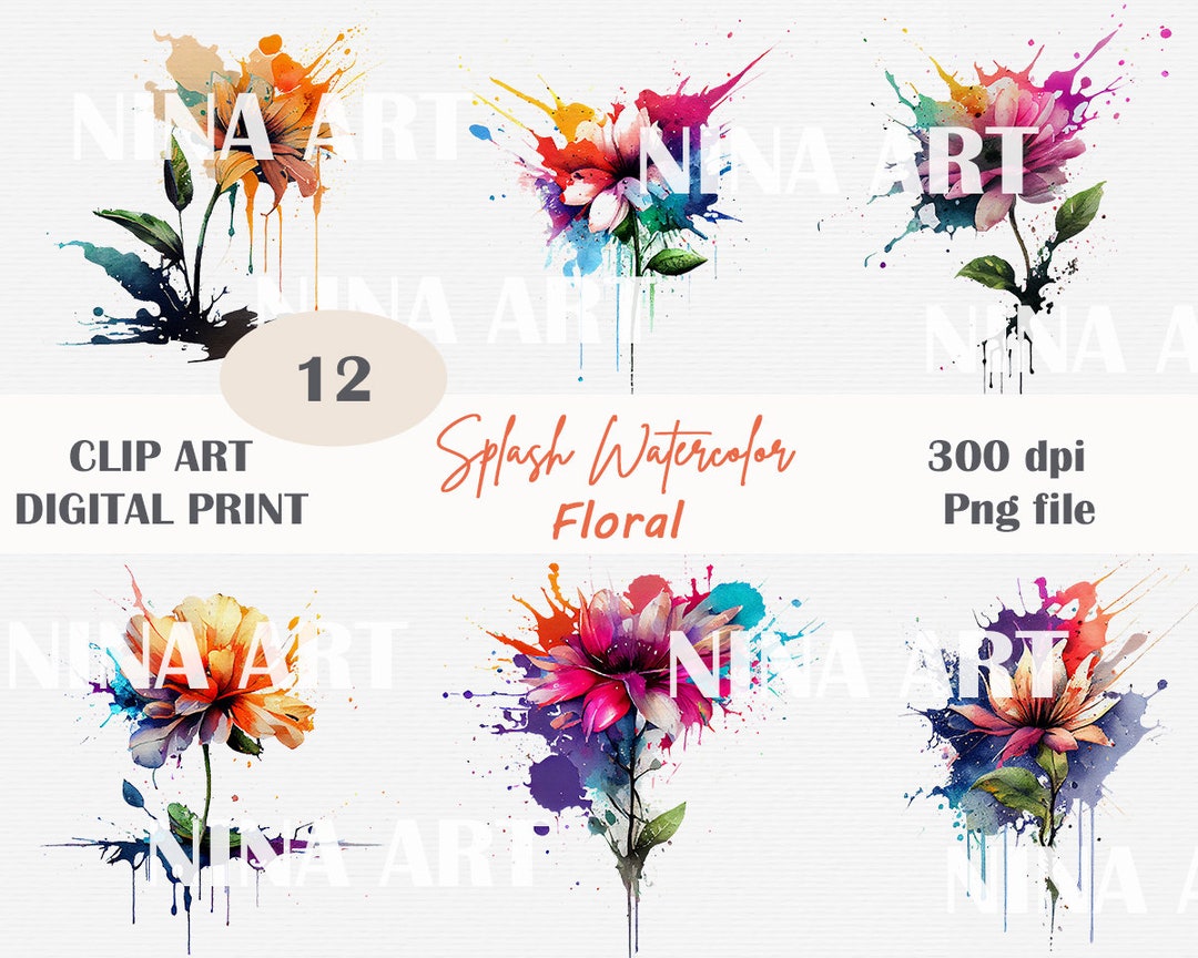 Watercolor Flower Clipart, Rainbow Spring Floral Splashes (digital ...