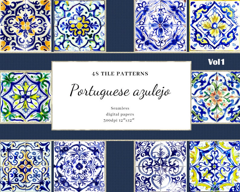 Aged Portuguese Azulejo Tile Patterns, Seamless Watercolor Paper ...