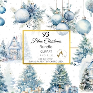 Watercolor Blue Christmas Clipart PNG Bundle, Blue Winter Christmas ...