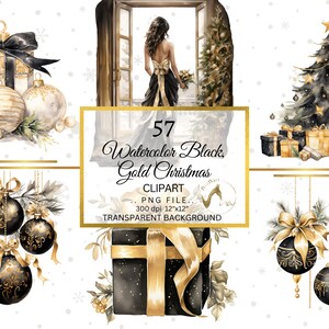 Black & Gold Christmas PNG Clipart Bundle Watercolor Black and Gold ...