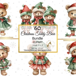 Watercolor Christmas Teddy Bear Clipart, PNG Files (digital Download ...