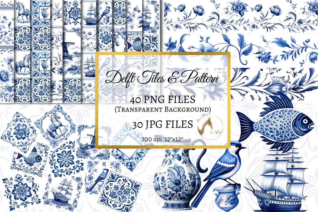 Watercolor Delft Tiles Delft Seamless Patterns Borders and Delft ...