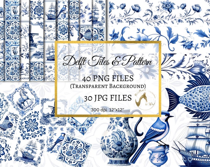 Delft Tiles Clipart, Delft Blue, Mediterranean Tile, Watercolor, Dutch ...
