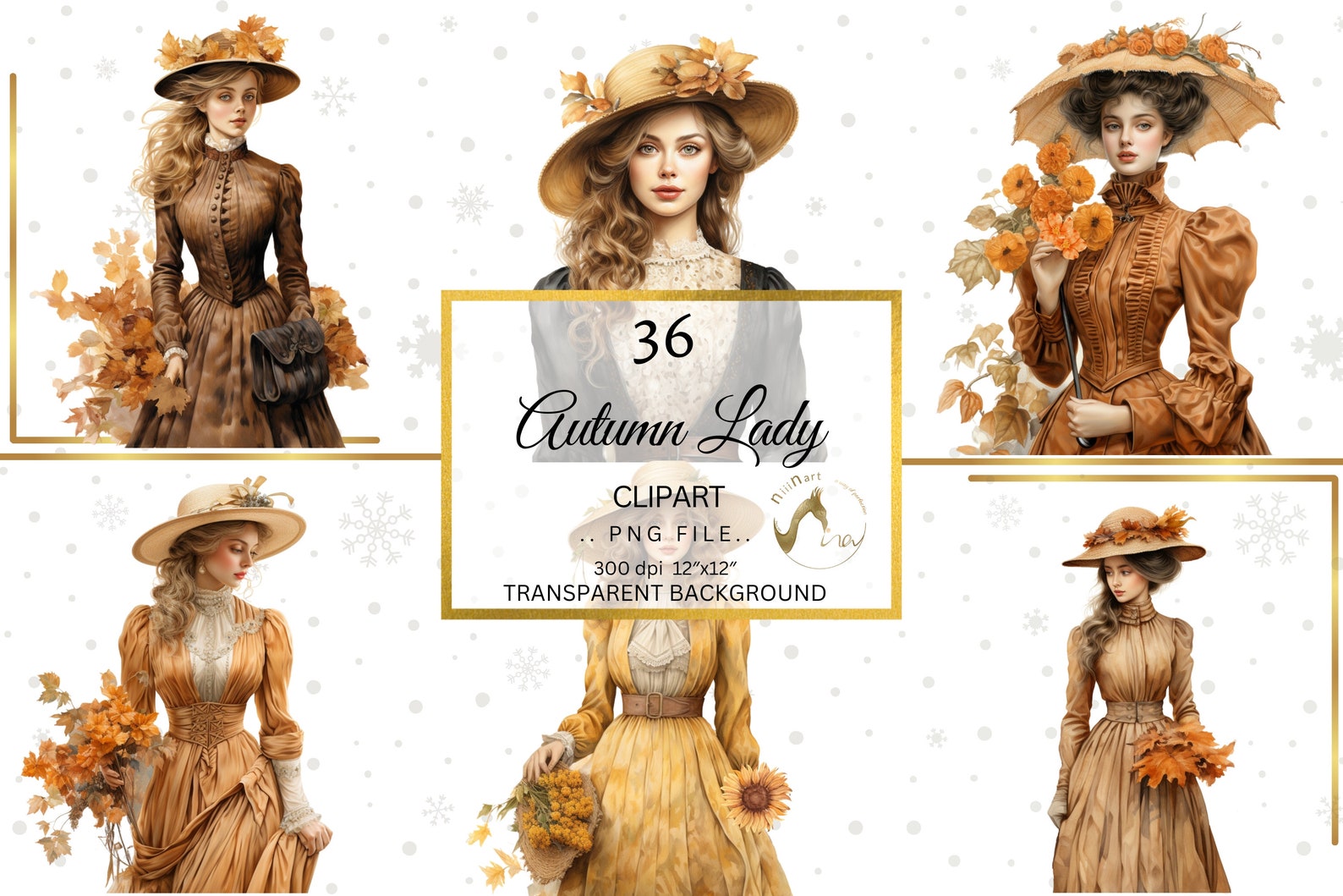 Victorian Autumn Lady Clipart Bundle, Floral Watercolor PNG (digital ...