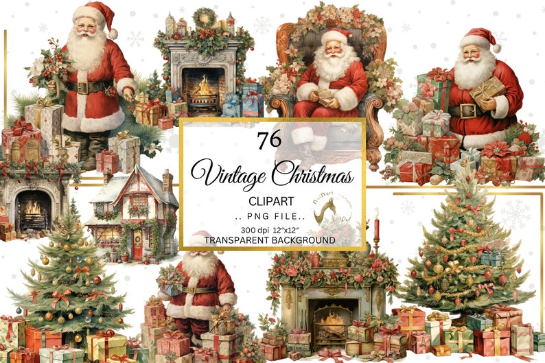 Watercolor Vintage Christmas Clipart PNG Bundle Winter - Etsy