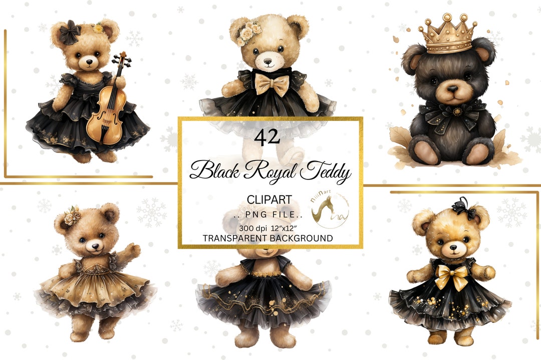 Watercolor Teddy Bear Clipart Bundle, Black Gown, Nursery Decor ...