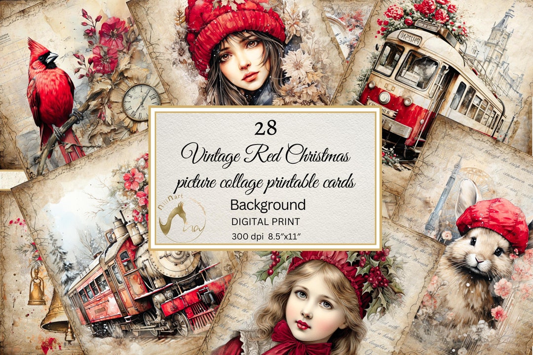 Red Christmas Pictures Collage Printable Cards Atc, Xmas Decoupage ...