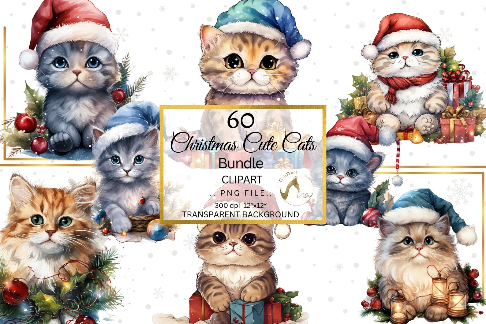 Christmas Cats Clipart Bundle, Cat Breeds Watercolor Clipart, Cat ...