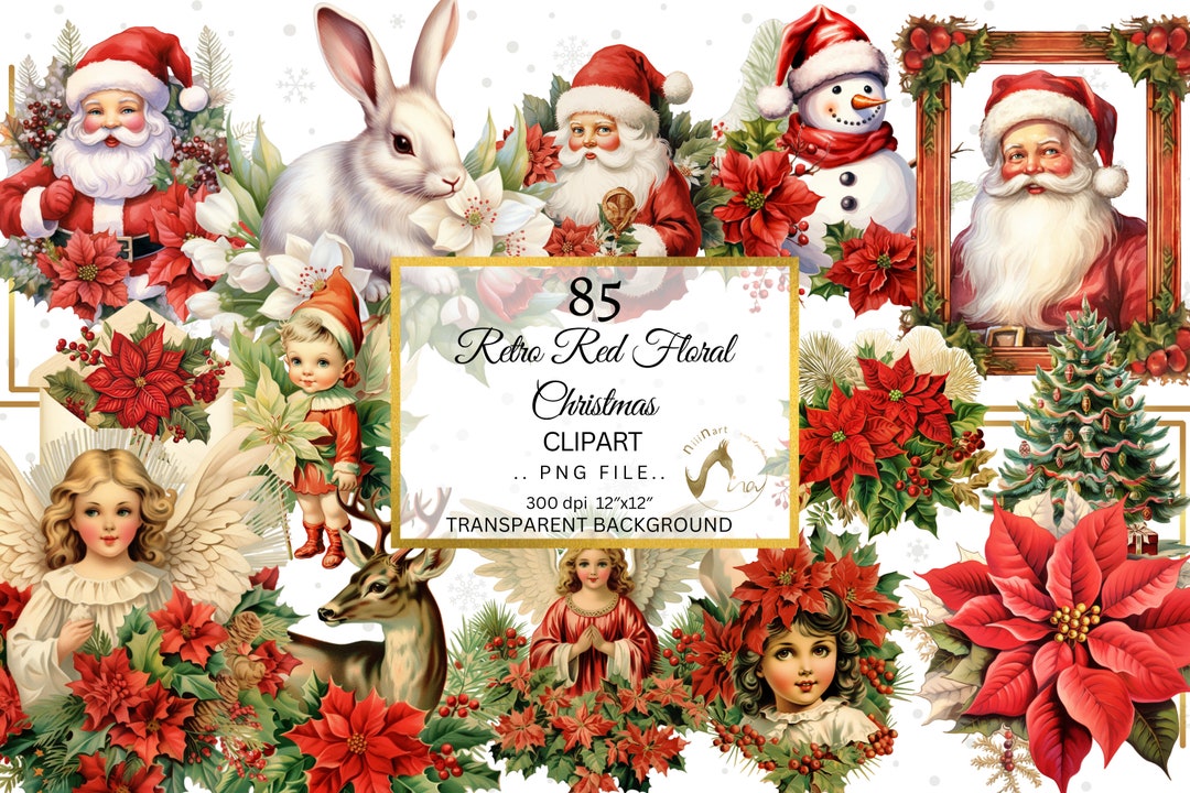 Retro Red Christmas Clipart PNG Bundle, Red Winter Christmas Card ...