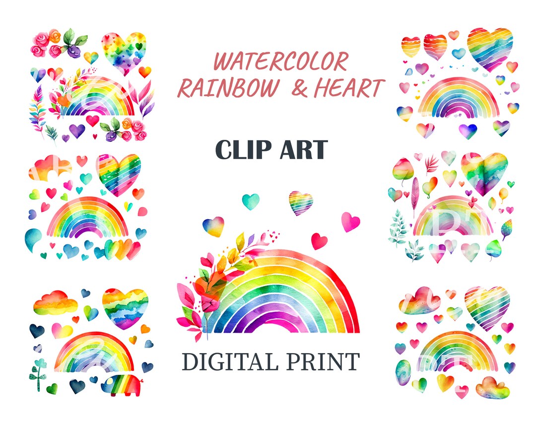 Watercolor Rainbow Heart Collection, Valentine, Nursery PNG, Colorful ...