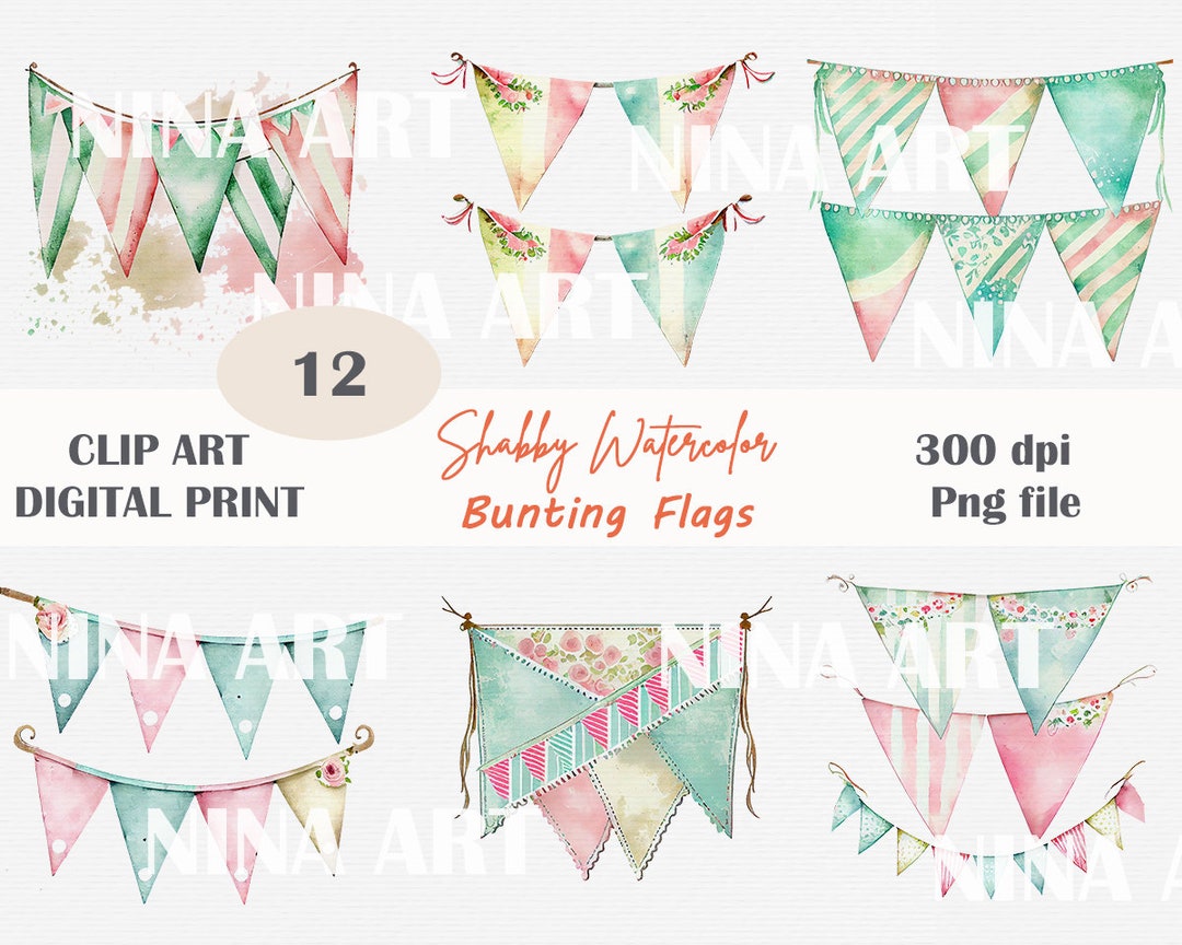 Shabby Chic Watercolor Bunting Flags Clipart, Flags and Banner, Cute ...