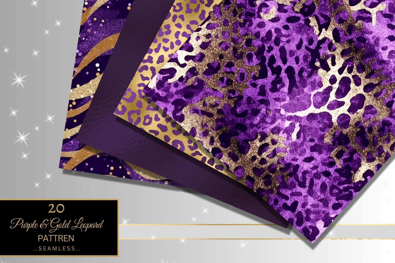 Purple and Gold Leopard Digital Paper, Seamless Glitter Patterns (JPG ...