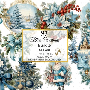Watercolor Blue Christmas Clipart PNG Bundle, Blue Winter Christmas ...