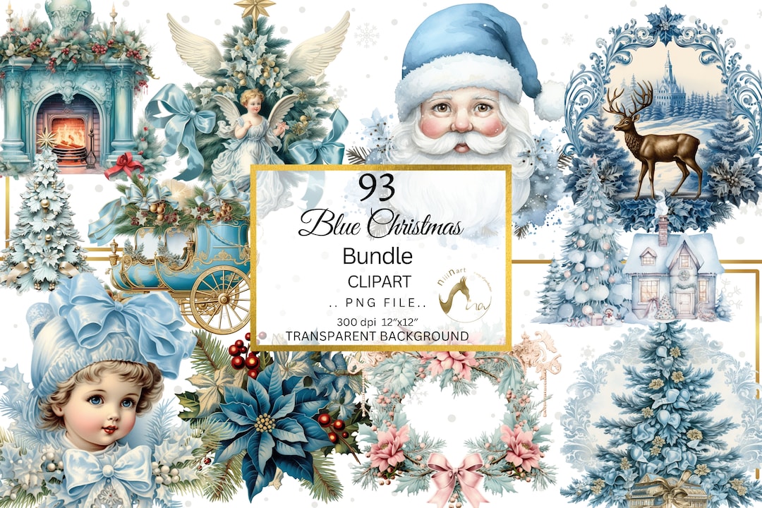 Watercolor Blue Christmas Clipart PNG Bundle, Blue Winter Christmas ...
