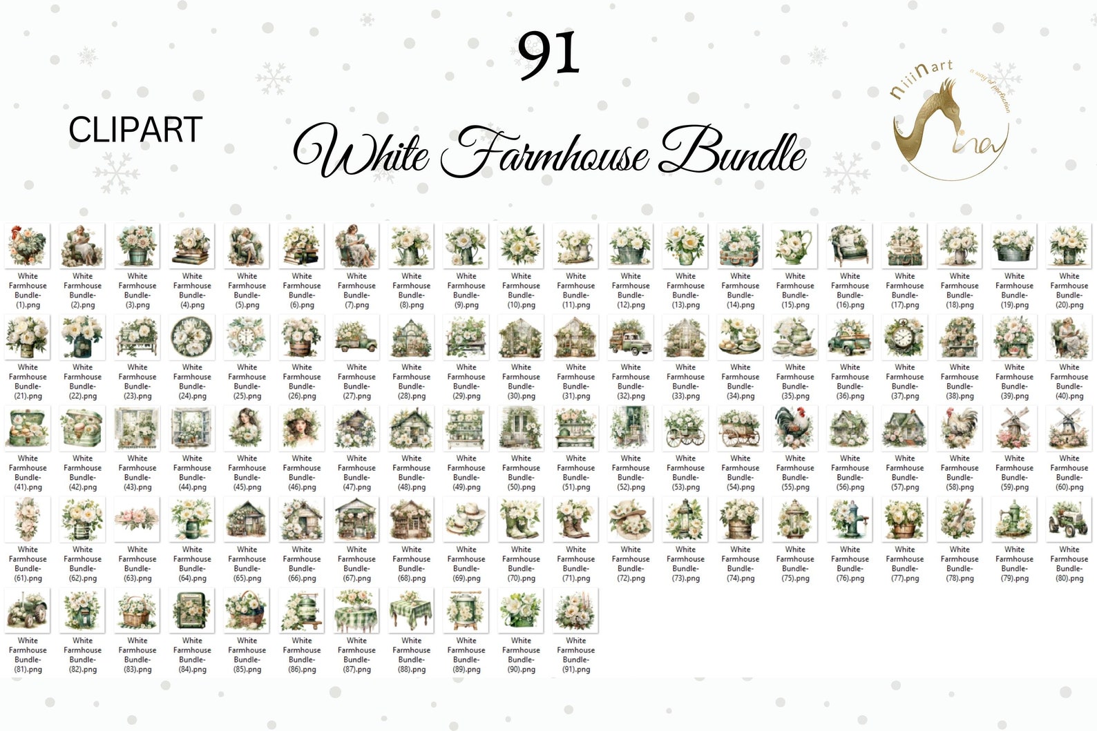 Watercolor Farmhouse Clipart Bundle, Rustic Green & White (PNG Digital ...