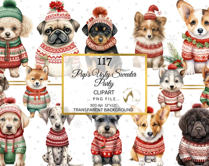 Christmas Puppies Clipart, Set of 10 PNG Bundle, 300 DPI Clip Art ...