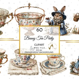 Watercolor Vintage Floral Tea Time Clipart, Cute Bunny Clipart, Tea ...