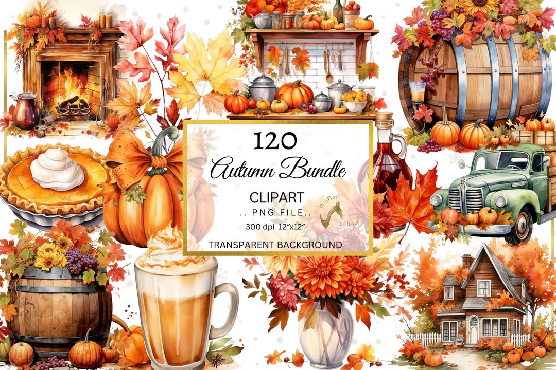 Watercolor Autumn Clipart, Fall Leaves, Pumpkins, 120 PNG Illustrations ...