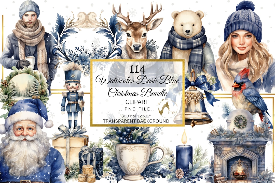 Dark Blue Christmas PNG Clipart Cottagecore Watercolor Winter Bundle ...