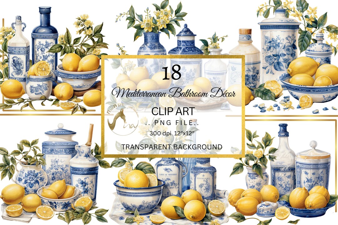 Watercolor Mediterranean Lemon Clipart, Blue Floral Decor (PNG) - Etsy