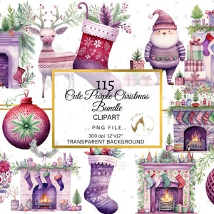 Watercolor Purple Christmas Clipart PNG Bundle, Purple Winter Christmas ...