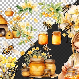 Watercolor Bees & Honey Clipart Bundle, Garden Bees and Honeycomb Clip ...
