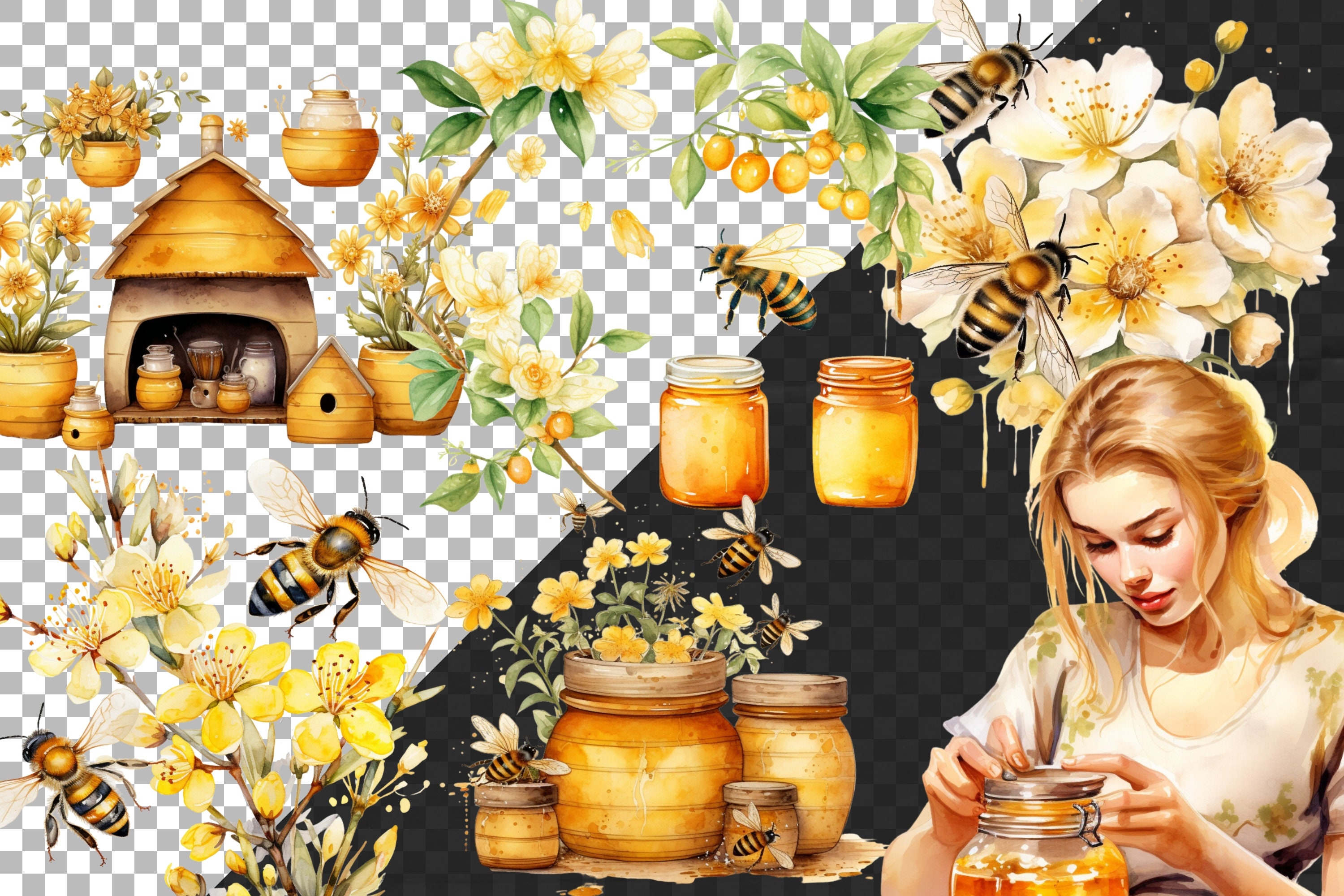 Watercolor Bees & Honey Clipart Bundle, Garden Bees and Honeycomb Clip ...